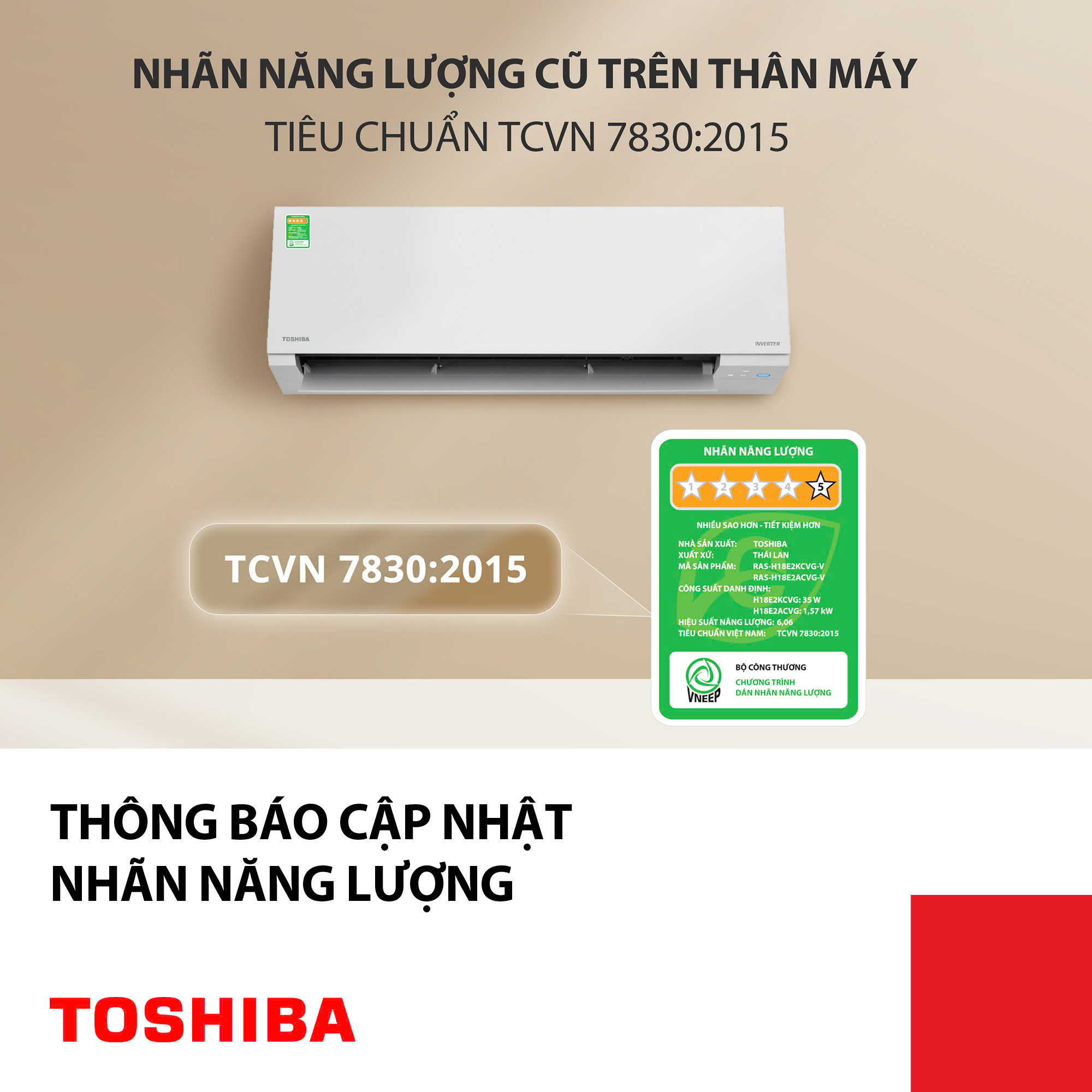 THÔNG BÁO THAY THẾ NHÃN NĂNG LƯỢNG TRÊN MÁY ĐIỀU HOÀ KHÔNG KHÍ TOSHIBA